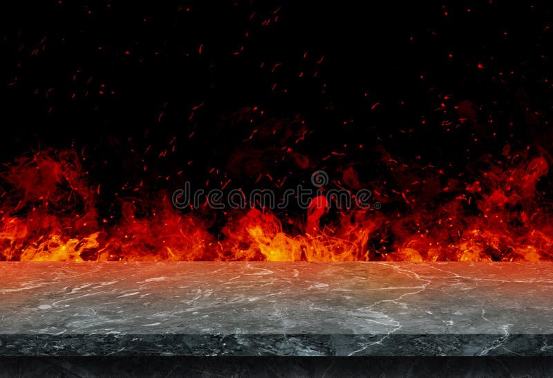 Empty Marble Stone Table Top with Orange Fire or Flame and Sparkles in ...