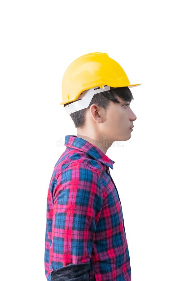 Side View Engineer Construction and Wear Yellow Safety Helmet Plastic ...
