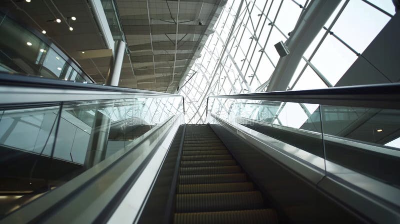 Side View of Escalator on Wall Background with Three Blank Light Boxes ...