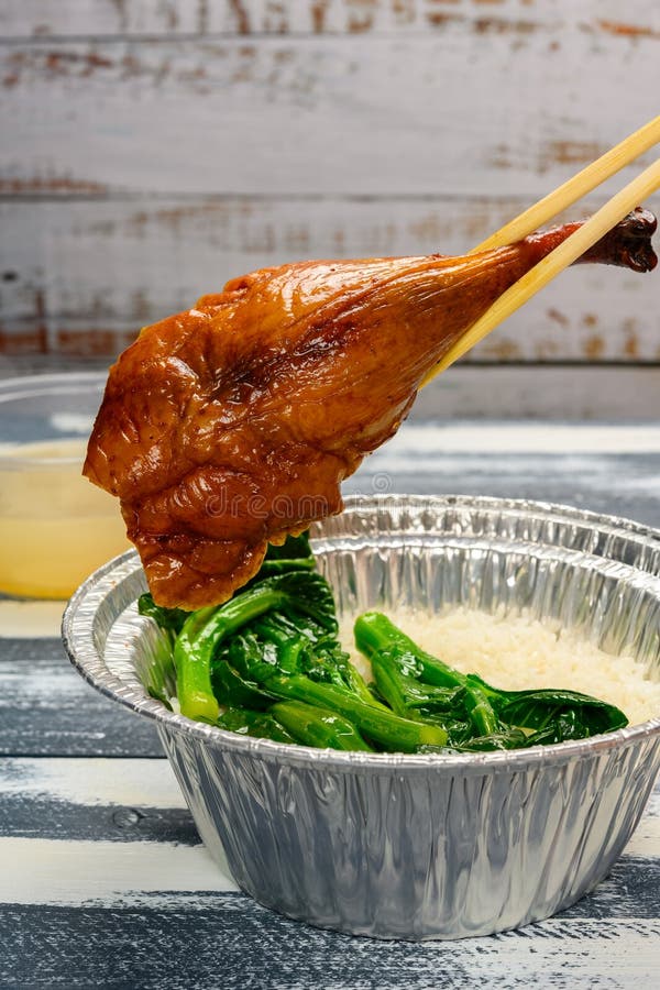 Fast Food Roasted Duck Thigh with Cabbage and Rice Vertical Composition ...