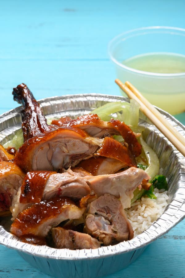 Fast Food Roasted Duck Thigh and Chicken with Cabbage and Rice Vertical ...