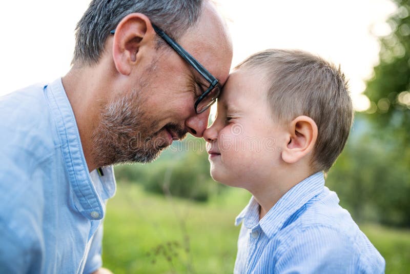 Father with Small Toddler Son on Meadow Outdoors, Hugging. Stock Photo ...