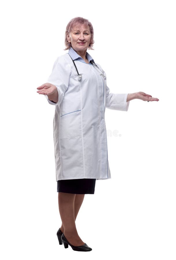 Side View. Female Doctor Looking at a White Screen Stock Image - Image ...