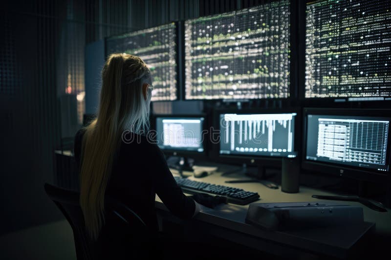 Side View of Female Hacker Using Computer in Dark Room. Blurred ...