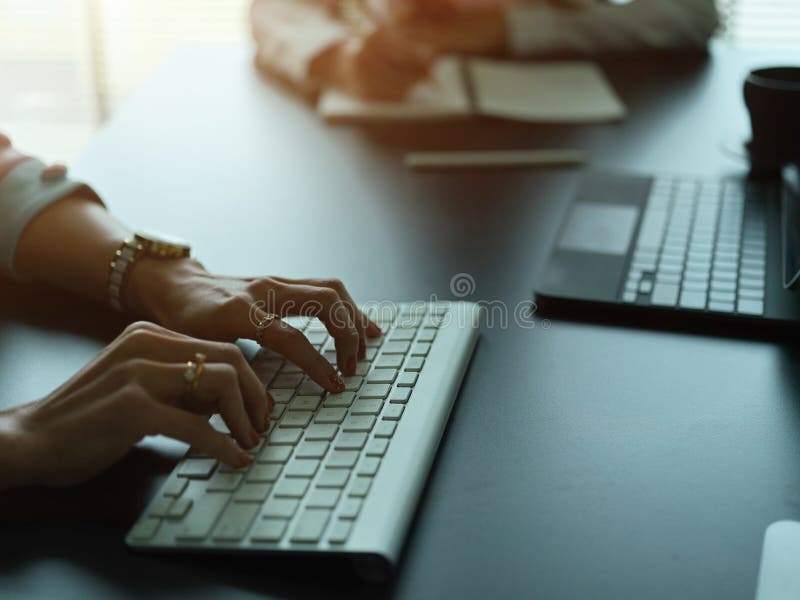 Side View of Female Hands Typing on Wireless Computer Keyboard Stock ...