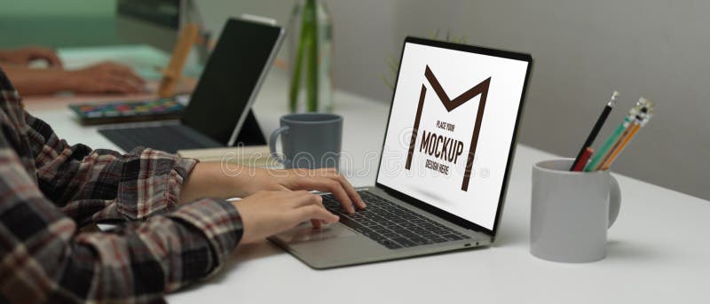 Side View of Female Office Worker Typing on Mock Up Laptop Keyboard in ...