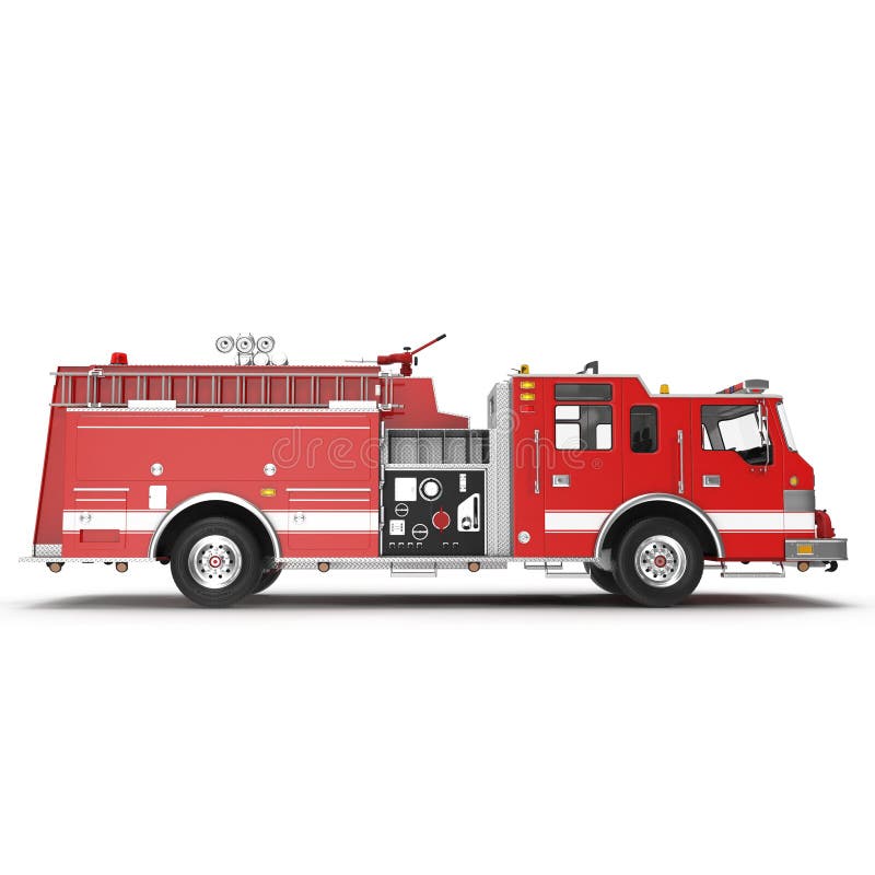 Side View Fire Truck or Engine Isolated on White. 3D Illustration Stock ...