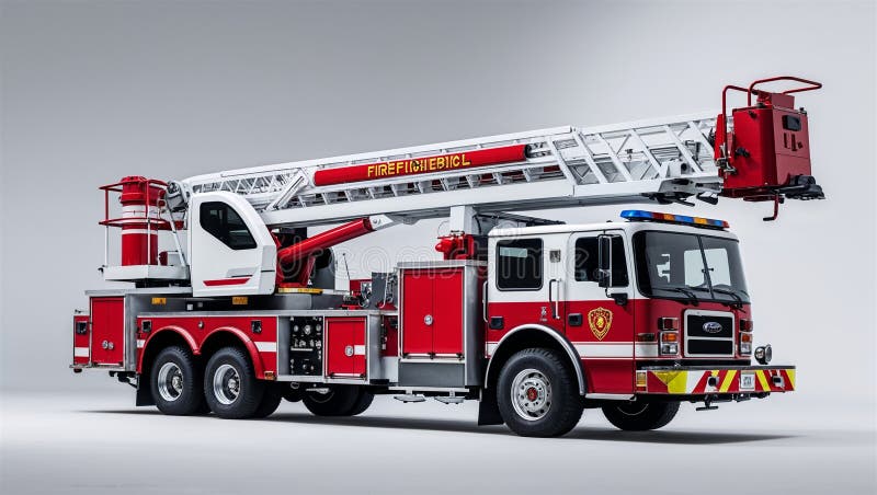 Side View of a Firefighter Ladder Truck with Extendable Boom and Tool ...
