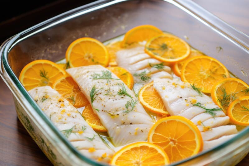 Side View of Fish Fillets Marinating with Thinly Sliced Oranges Stock ...