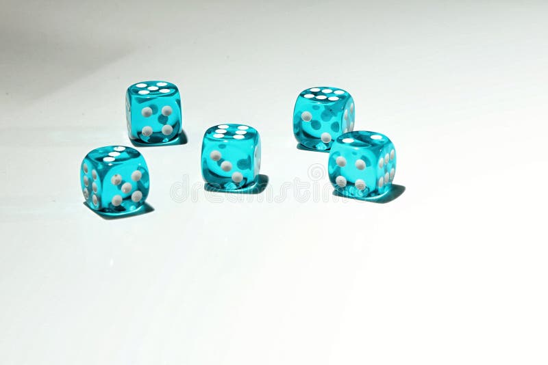 Side View of Five Transparent Blue Dice on White Background Stock Photo ...