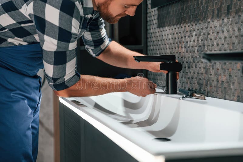Side View. Fixing Water Tap Stock Image - Image of professional, work ...