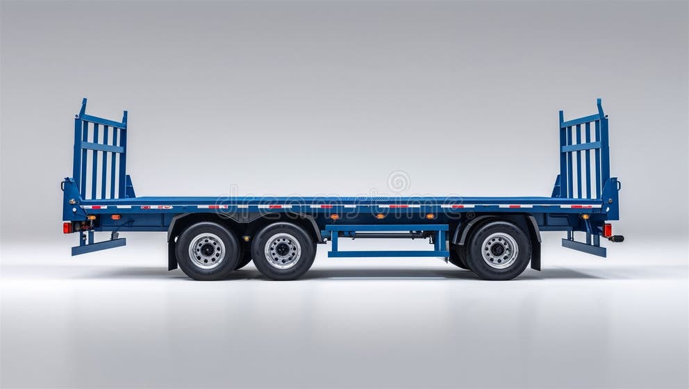 Side View of a Flat-deck Heavy Trailer with Dual Axles and Empty ...