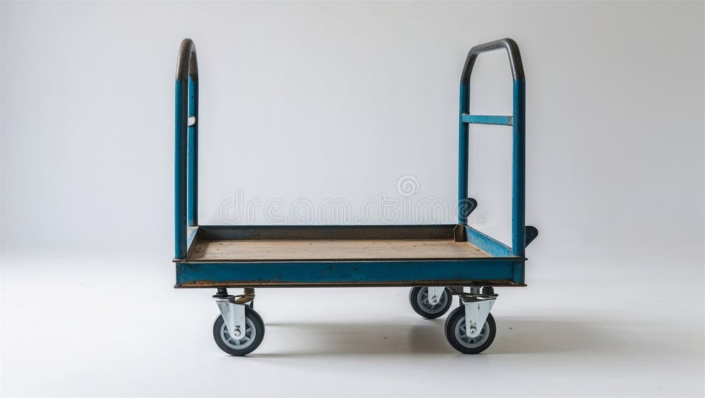 Side View of a Flatbed Trolley with Steel Frame and Small Wheels on ...