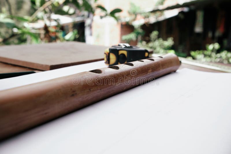 Side View of Flute Built in Wood on a Table with Tools Stock Photo ...