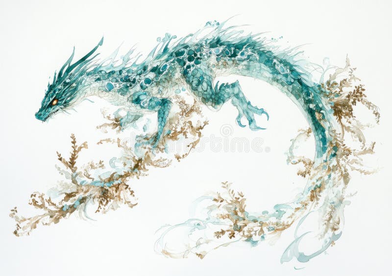 A Side View of a Flying Dragon, Rendered in Blue Watercolor Stock Photo ...