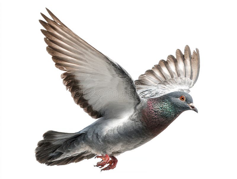 Side View of a Flying Pigeon with Iridescent Head and Chest Against ...