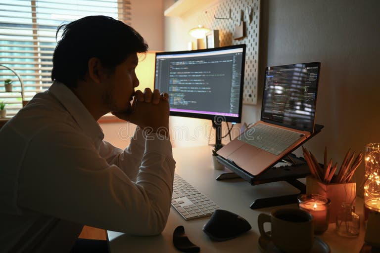 Side View of Focused Software Developer Programming on Desktop Computer ...