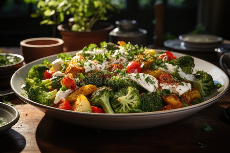 Side View of Fresh Broccoli Salad on a White Bowl on T Stock ...