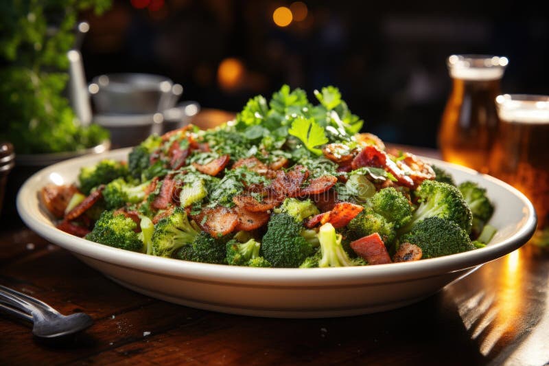 Side View of Fresh Broccoli Salad on a White Bowl on T Stock ...