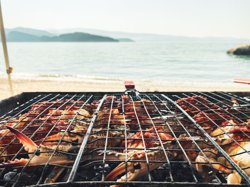 Side View Fresh Crabs Cooked on Bbq Grill Using Coil with Beach ...