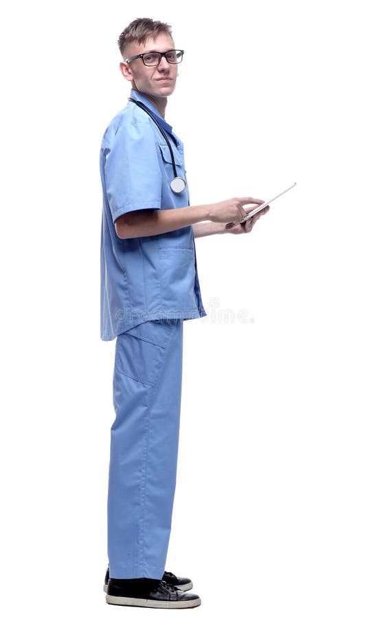 Side View. Friendly Young Doctor Using a Digital Tablet Stock Image ...