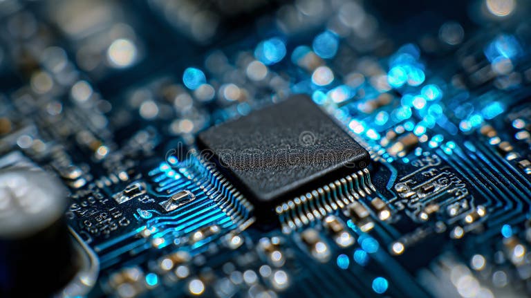 Side View of Futuristic Square Processor Glowing in Blue Stock Image ...