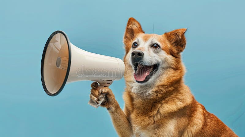 Side View of Ginger Dog Holding White Megaphone, on Blue Background ...