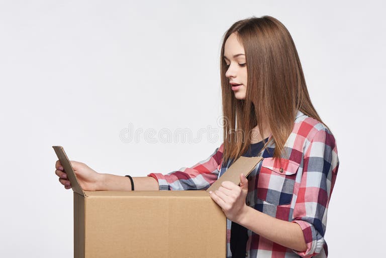 Side View a Girl Opening a Box Stock Image - Image of pack, consumer ...