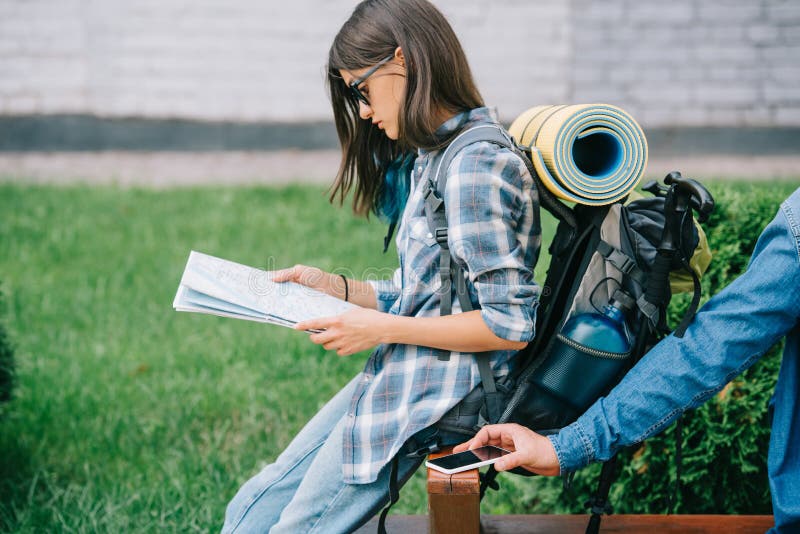 Side View of Girl Traveler Holding Map while Thief Stock Image - Image ...