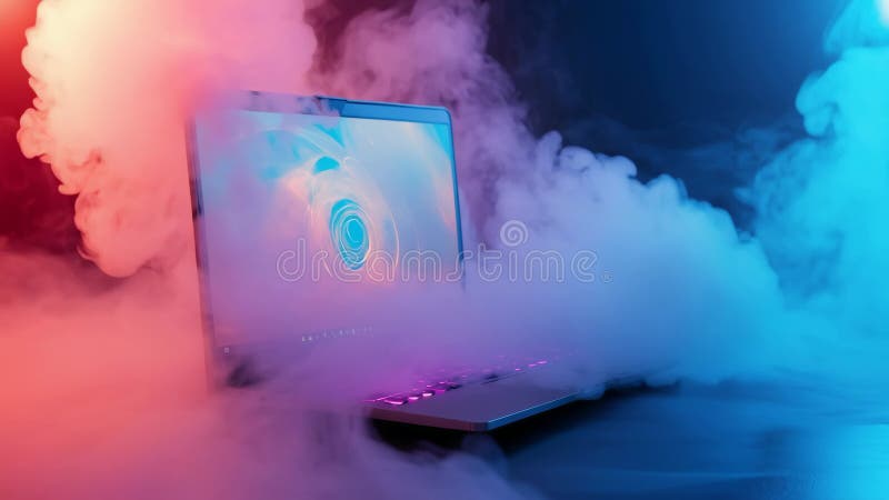 Side View of a Glowing Laptop in Red and Blue Smoke with a Digital ...