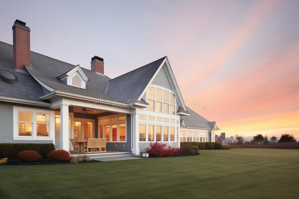 Side View of a Gray Cape Cod during Sunset Stock Illustration ...