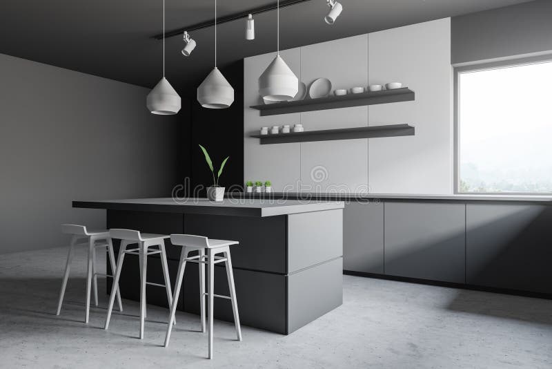 Side View of Gray Kitchen Bar Stock Illustration - Illustration of home ...