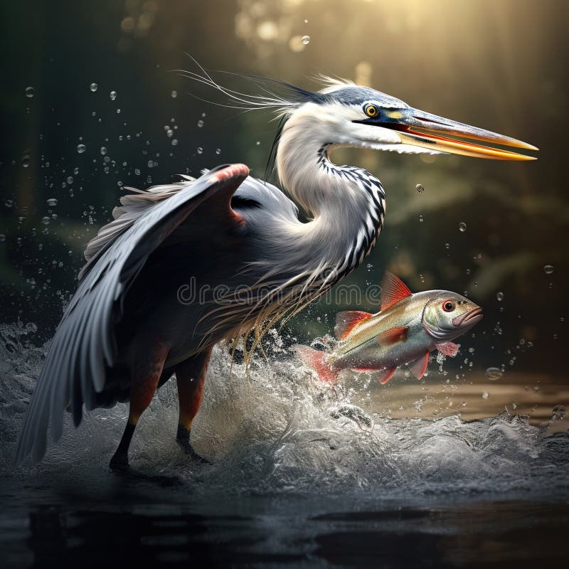 Side View of a Grey Heron Catching a Fish Under Water Line Made with ...