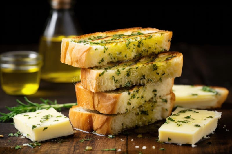 Side View of Grilled Bread Pieces Stacked with Butter on Top Stock ...