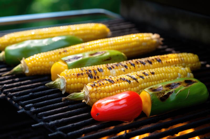 Side View of Grilling Corn Cobs and Bell Peppers Stock Image - Image of ...