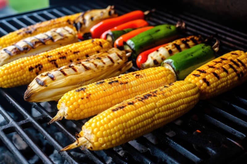 Side View of Grilling Corn Cobs and Bell Peppers Stock Photo - Image of ...