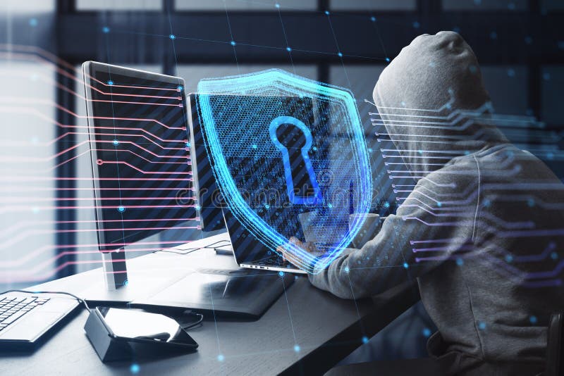 Side View Of Hacker At Desktop Using Computers With Creative Glowing Shield Circuit Security