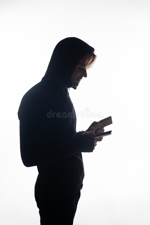 Side View of Hacker Holding Cellphone Stock Image - Image of white ...