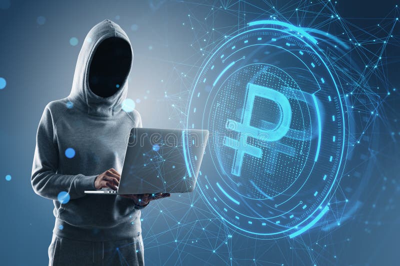 Side View of Hacker Holding Laptop Computer with Creative Round Ruble ...