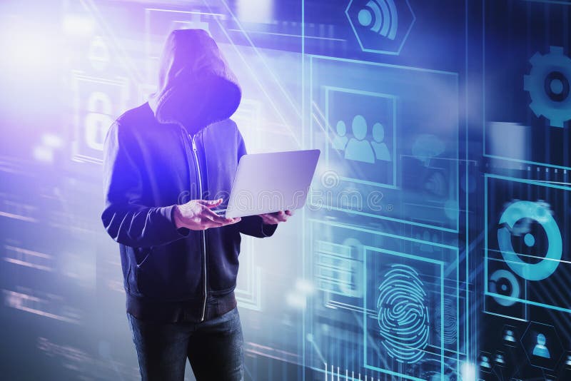 Hacker with Laptop in City, Network Interface Stock Photo - Image of ...