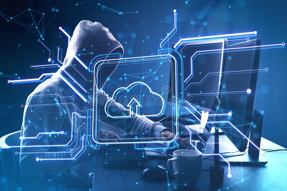 Side View of Hacker Using Computers at Desk with Creative Square ...