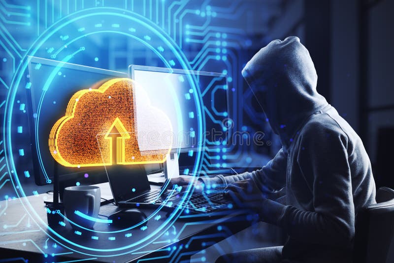 Side View Of Hacker Using Glowing Digital Cloud In Circular Tech Hologram On Blurry Background