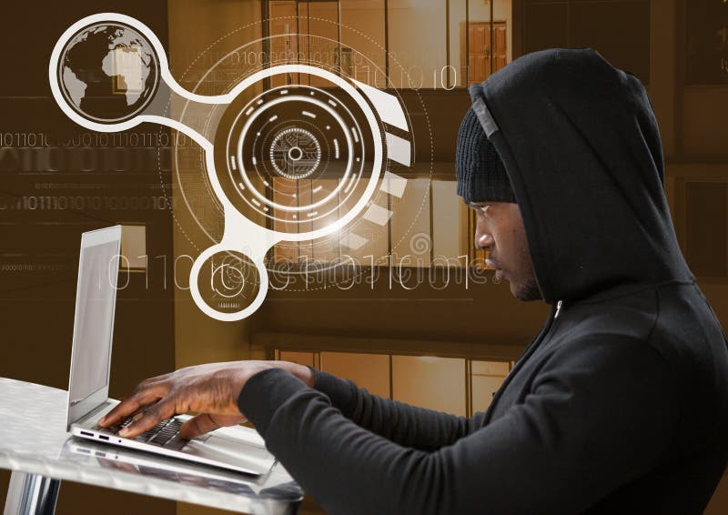 Side View of Hacker Using a Laptop in Front Building Stock Image ...