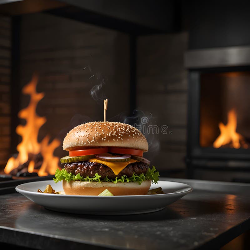 Side View Hamburger in Restaurant Kitchen with Fire on Background Stock ...
