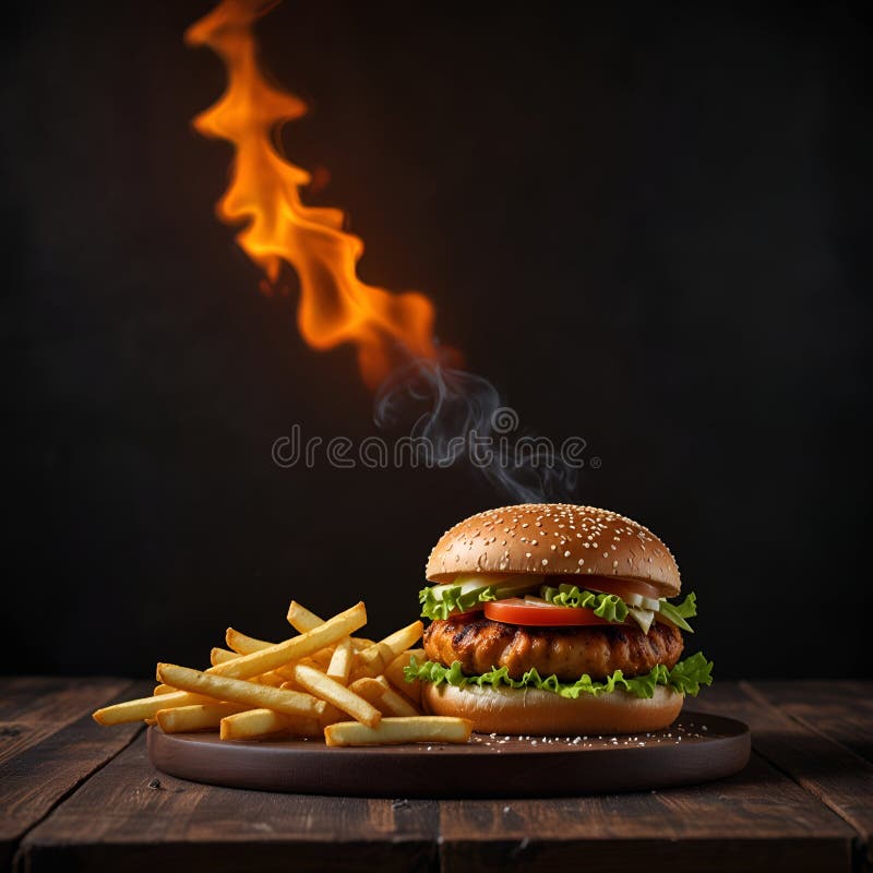 Side View of Hamburger in Restaurant Kitchen with Fire on Background ...