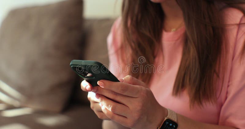 Side View. Hand of Woman Using Smartphone at Home. Close Up of Female ...