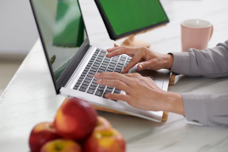 Side View of Hands of Young Webdesigner Pressing Keys of Laptop Keypad ...