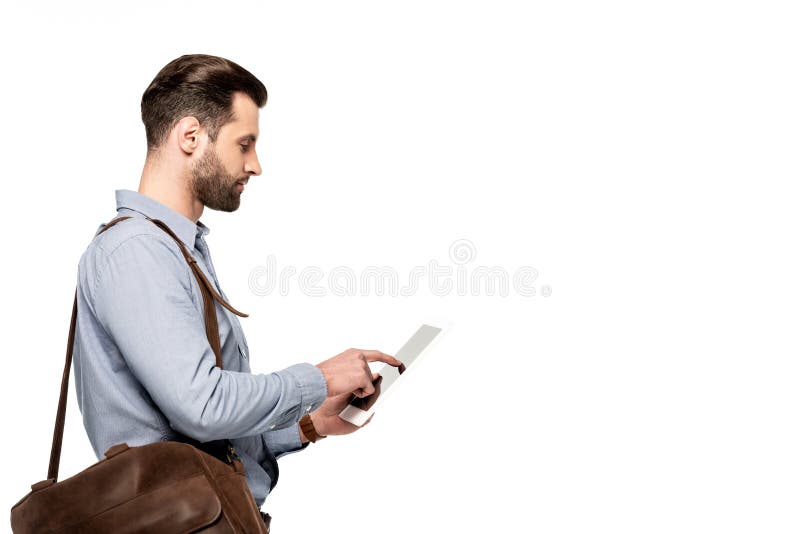 View of Handsome Man Pointing with Finger at Digital Tablet Isolated on ...