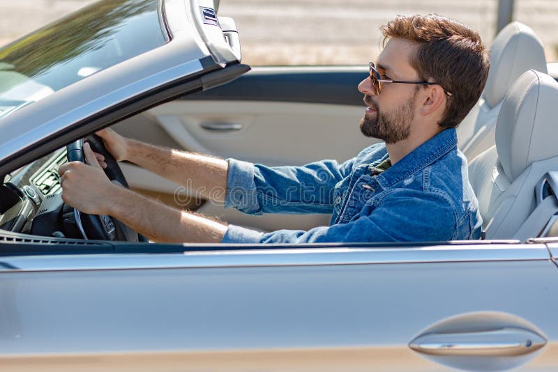 Side View of Handsome Man in Sunglasses Driving Convertible Stock Image ...