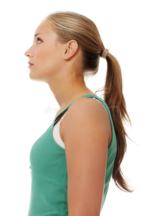 Side View of Happy Attractive Female Looking Up Stock Photo - Image of ...